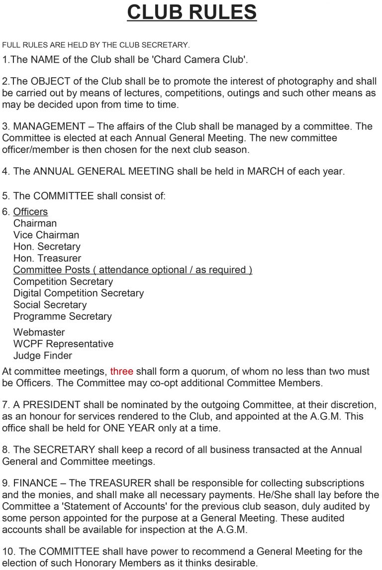 Club Rules and Constitution - Chard Camera Club
